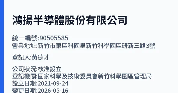 鴻揚半導體股份有限公司的照片-統編 90505585(新竹市) 公司登記資料與營業項目詳細圖表