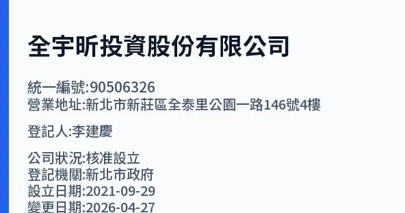 全宇昕投資股份有限公司的照片-統編 90506326(新北市) 公司登記資料與營業項目詳細圖表