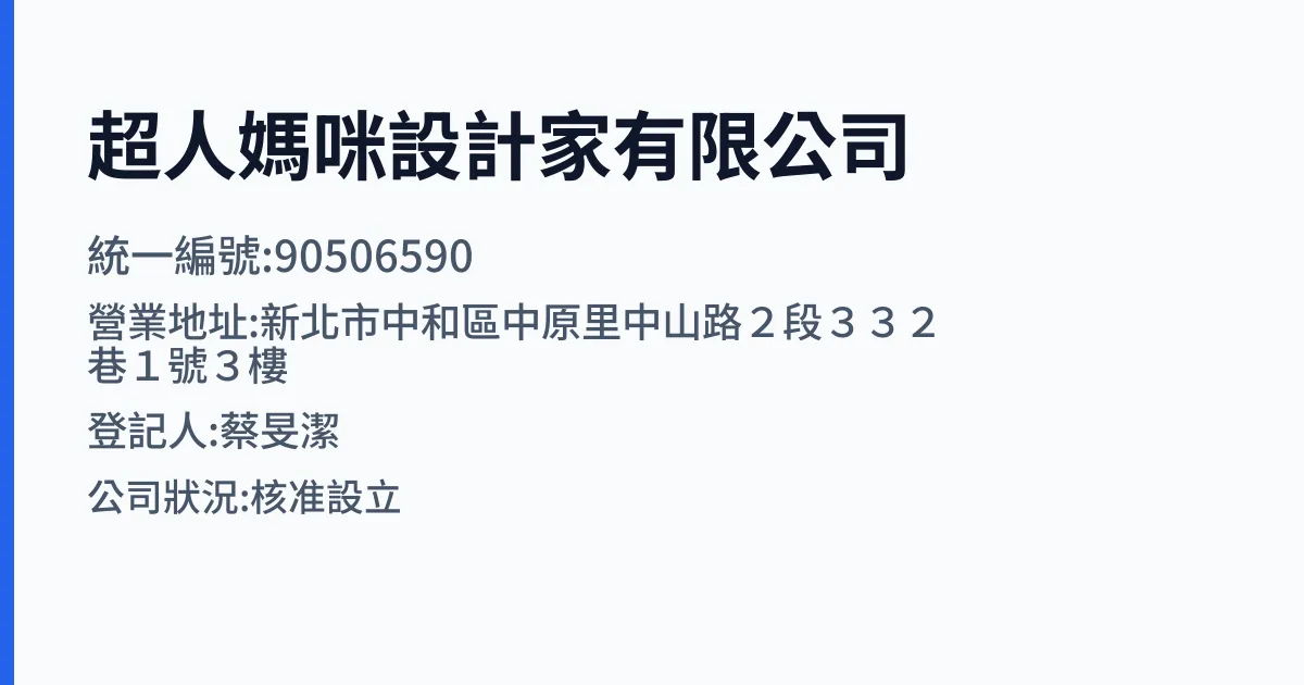 超人媽咪設計家有限公司 - 統編 90506590(新北市) 公司登記資料與營業項目詳細圖表