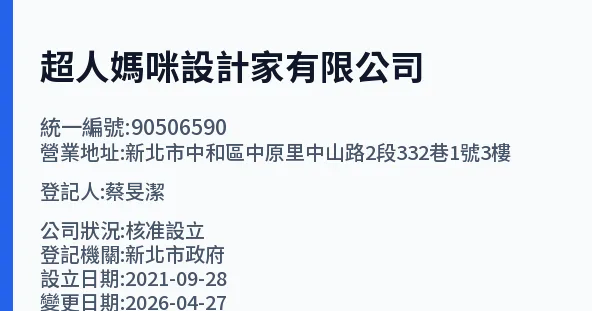 超人媽咪設計家有限公司的照片-統編 90506590(新北市) 公司登記資料與營業項目詳細圖表