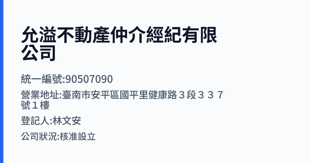 允溢不動產仲介經紀有限公司 - 統編 90507090(臺南市) 公司登記資料與營業項目詳細圖表