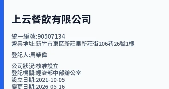 上云餐飲有限公司的照片-統編 90507134(新竹市) 公司登記資料與營業項目詳細圖表
