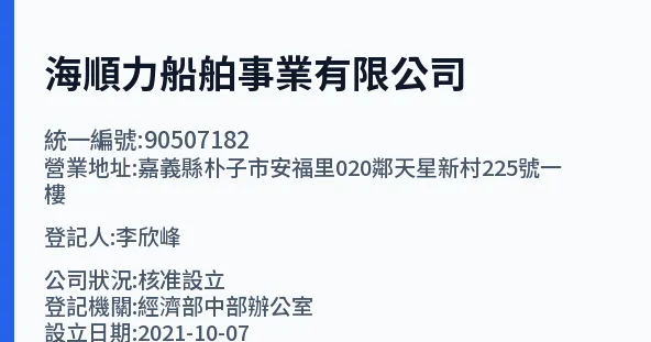 海順力船舶事業有限公司的照片-統編 90507182(嘉義縣) 公司登記資料與營業項目詳細圖表