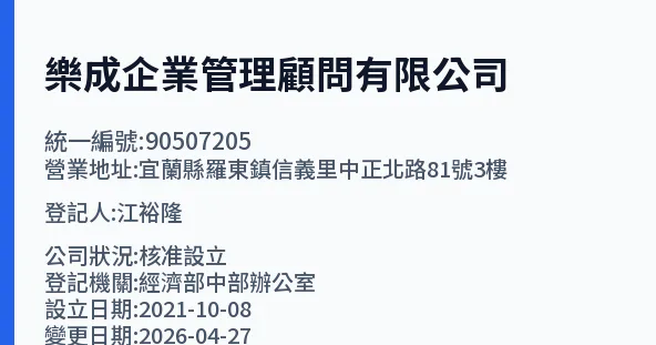 樂成企業管理顧問有限公司的照片-統編 90507205(宜蘭縣) 公司登記資料與營業項目詳細圖表
