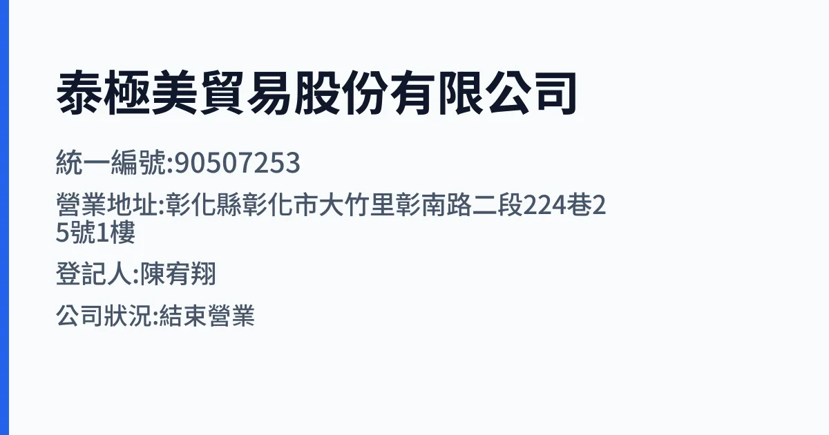 泰極美貿易股份有限公司 - 統編 90507253(彰化縣) 公司登記資料與營業項目詳細圖表