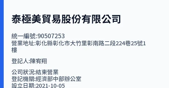 泰極美貿易股份有限公司的照片-統編 90507253(彰化縣) 公司登記資料與營業項目詳細圖表
