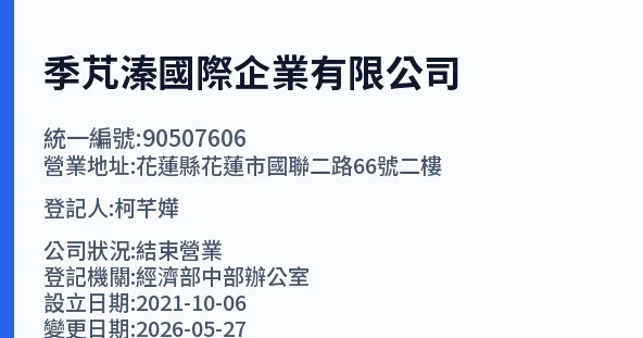 季芃溱國際企業有限公司的照片-統編 90507606(花蓮縣) 公司登記資料與營業項目詳細圖表