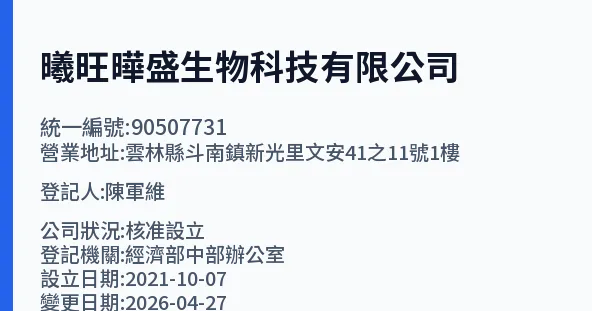 曦旺曄盛生物科技有限公司的照片-統編 90507731(雲林縣) 公司登記資料與營業項目詳細圖表