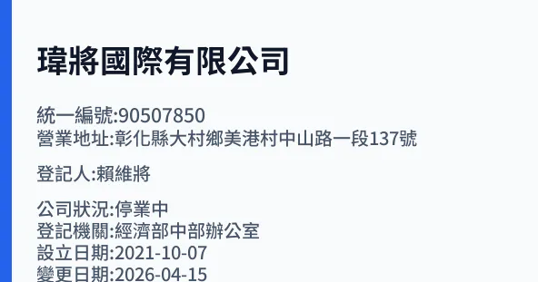 瑋將國際有限公司的照片-統編 90507850(彰化縣) 公司登記資料與營業項目詳細圖表