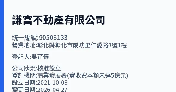 謙富不動產有限公司的照片-統編 90508133(彰化縣) 公司登記資料與營業項目詳細圖表