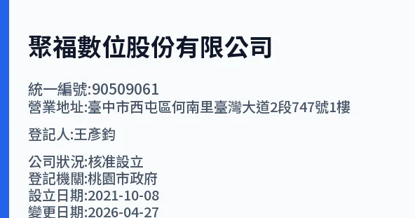 聚福數位股份有限公司的照片-統編 90509061(臺中市) 公司登記資料與營業項目詳細圖表