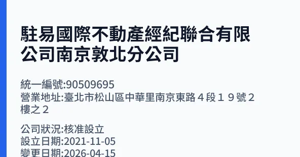 駐易國際不動產經紀聯合有限公司南京敦北分公司的照片-統編 90509695(臺北市) 公司登記資料與營業項目詳細圖表