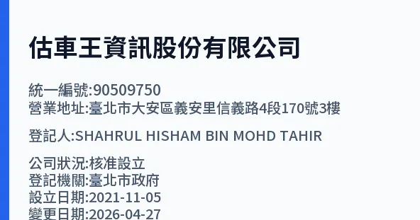 估車王資訊股份有限公司的照片-統編 90509750(臺北市) 公司登記資料與營業項目詳細圖表