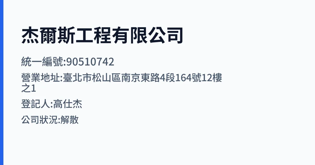 杰爾斯工程有限公司 - 統編 90510742(臺北市) 公司登記資料與營業項目詳細圖表