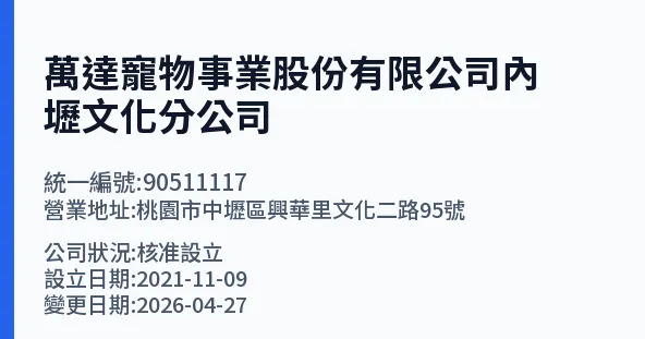 萬達寵物事業股份有限公司內壢文化分公司的照片-統編 90511117(桃園市) 公司登記資料與營業項目詳細圖表