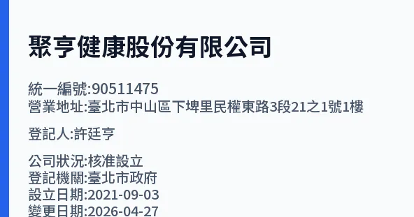 聚亨健康股份有限公司的照片-統編 90511475(臺北市) 公司登記資料與營業項目詳細圖表