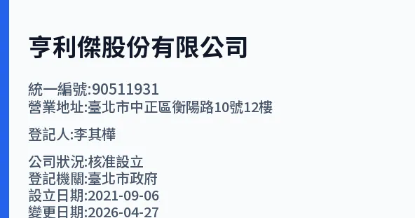 亨利傑股份有限公司的照片-統編 90511931(臺北市) 公司登記資料與營業項目詳細圖表