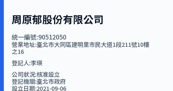 周原郁股份有限公司的照片-統編 90512050(臺北市) 公司登記資料與營業項目詳細圖表
