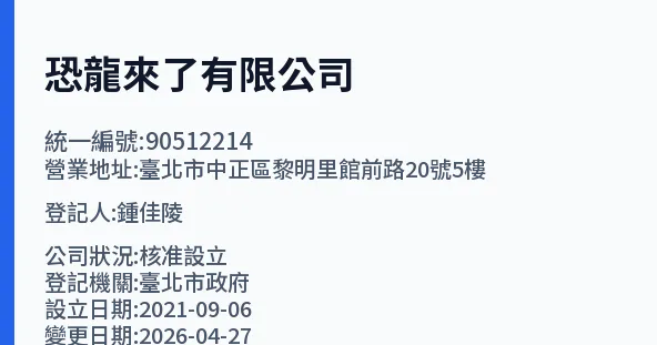 恐龍來了有限公司的照片-統編 90512214(臺北市) 公司登記資料與營業項目詳細圖表