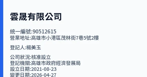 雲晟有限公司的照片-統編 90512615(高雄市) 公司登記資料與營業項目詳細圖表