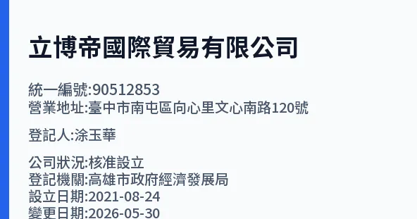 立博帝國際貿易有限公司的照片-統編 90512853(臺中市) 公司登記資料與營業項目詳細圖表