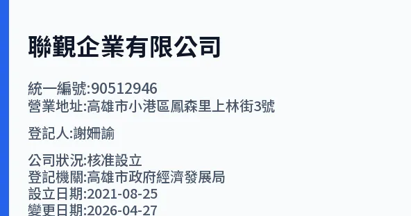 聯覲企業有限公司的照片-統編 90512946(高雄市) 公司登記資料與營業項目詳細圖表