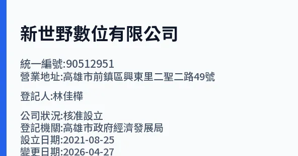 新世野數位有限公司的照片-統編 90512951(高雄市) 公司登記資料與營業項目詳細圖表