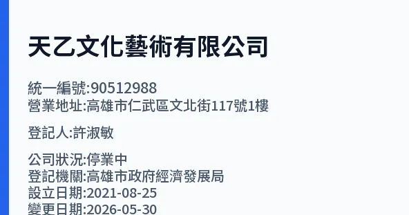 天乙文化藝術有限公司的照片-統編 90512988(高雄市) 公司登記資料與營業項目詳細圖表