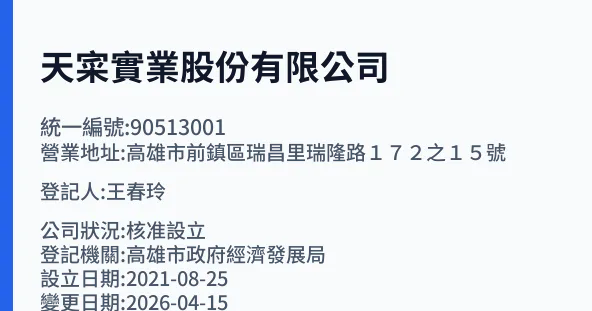 天寀實業股份有限公司的照片-統編 90513001(高雄市) 公司登記資料與營業項目詳細圖表