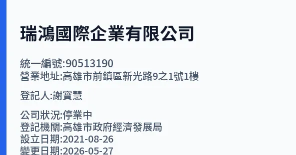 瑞鴻國際企業有限公司的照片-統編 90513190(高雄市) 公司登記資料與營業項目詳細圖表
