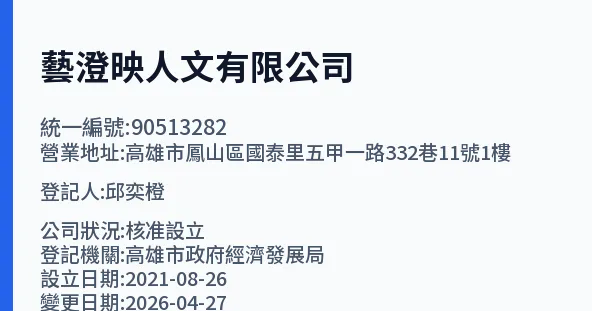 藝澄映人文有限公司的照片-統編 90513282(高雄市) 公司登記資料與營業項目詳細圖表