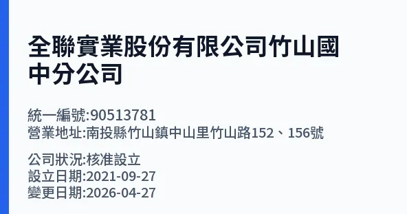 全聯實業股份有限公司竹山國中分公司的照片-統編 90513781(南投縣) 公司登記資料與營業項目詳細圖表