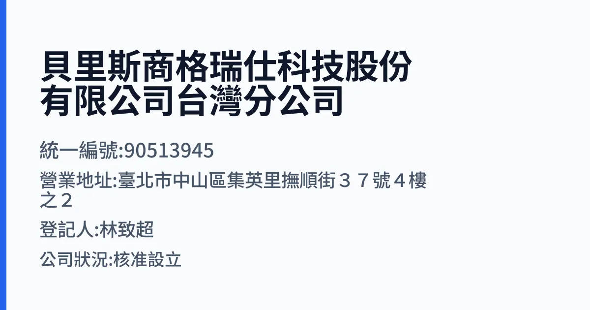 貝里斯商格瑞仕科技股份有限公司台灣分公司 - 統編 90513945(臺北市) 公司登記資料與營業項目詳細圖表
