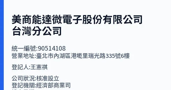 美商能達微電子股份有限公司台灣分公司的照片-統編 90514108(臺北市) 公司登記資料與營業項目詳細圖表