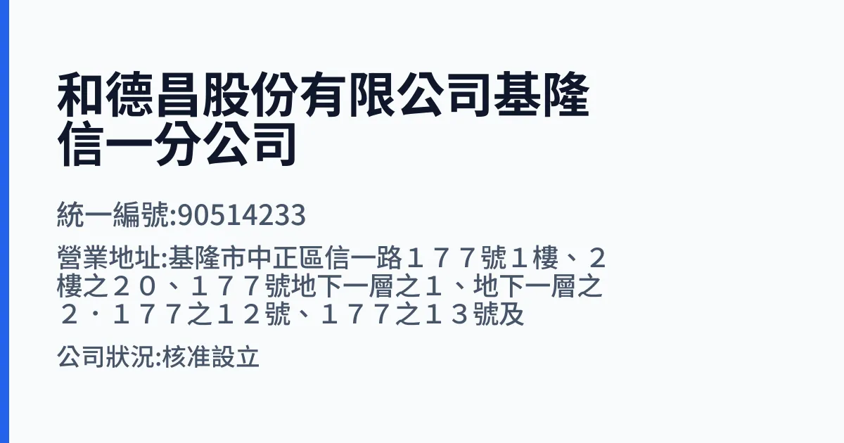 和德昌股份有限公司基隆信一分公司 - 統編 90514233(基隆市) 公司登記資料與營業項目詳細圖表