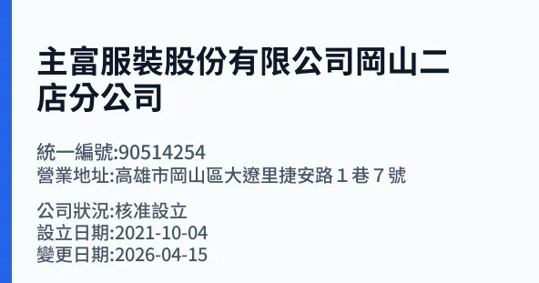 主富服裝股份有限公司岡山二店分公司的照片-統編 90514254(高雄市) 公司登記資料與營業項目詳細圖表