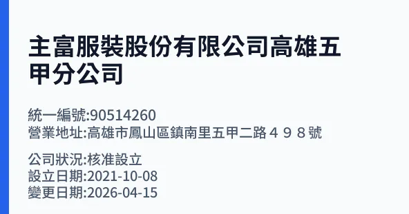 主富服裝股份有限公司高雄五甲分公司的照片-統編 90514260(高雄市) 公司登記資料與營業項目詳細圖表