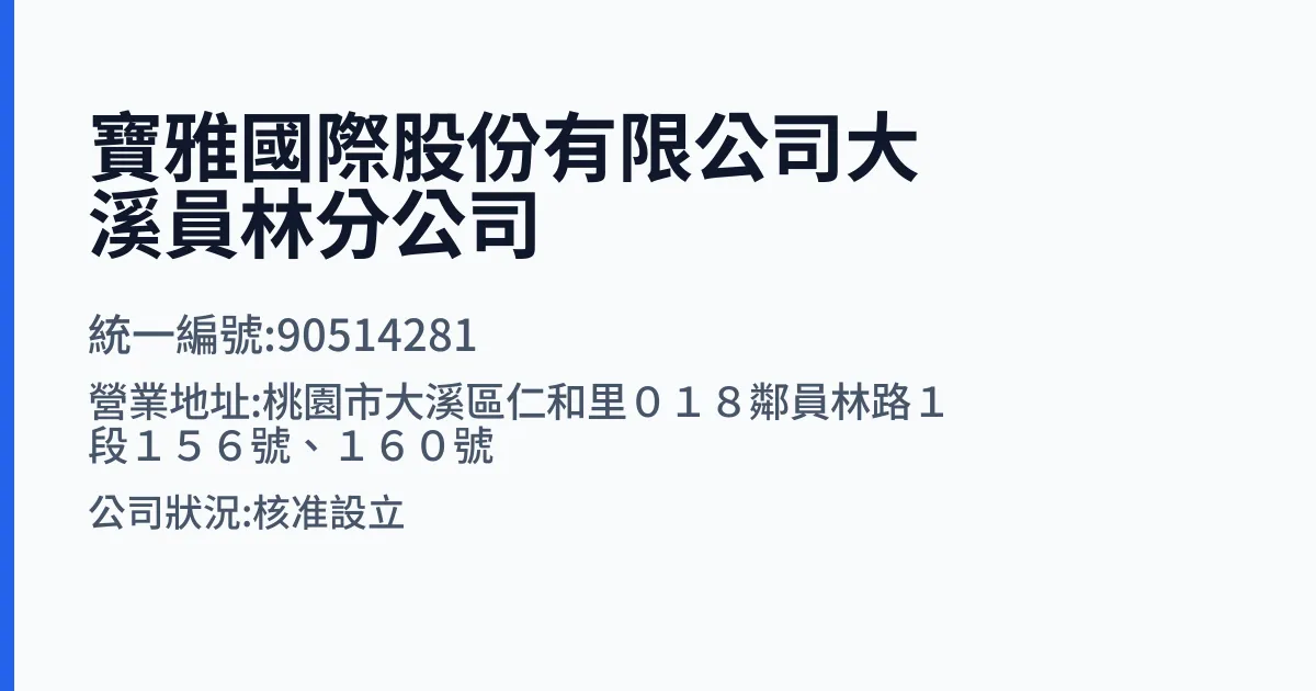 寶雅國際股份有限公司大溪員林分公司 - 統編 90514281(桃園市) 公司登記資料與營業項目詳細圖表