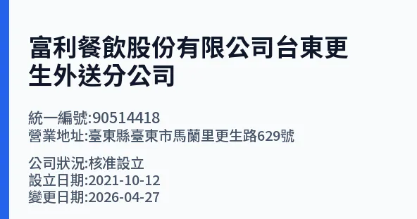 富利餐飲股份有限公司台東更生外送分公司的照片-統編 90514418(臺東縣) 公司登記資料與營業項目詳細圖表