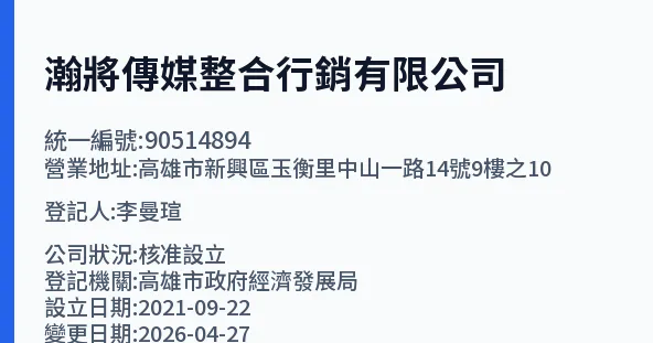 瀚將傳媒整合行銷有限公司的照片-統編 90514894(高雄市) 公司登記資料與營業項目詳細圖表