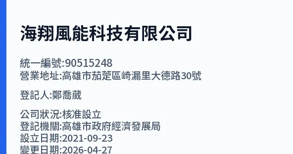海翔風能科技有限公司的照片-統編 90515248(高雄市) 公司登記資料與營業項目詳細圖表