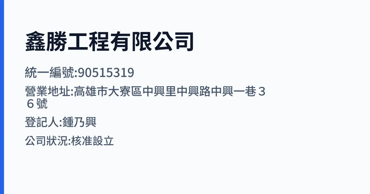 鑫勝工程有限公司 - 統編 90515319(高雄市) 公司登記資料與營業項目詳細圖表