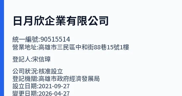 日月欣企業有限公司的照片-統編 90515514(高雄市) 公司登記資料與營業項目詳細圖表