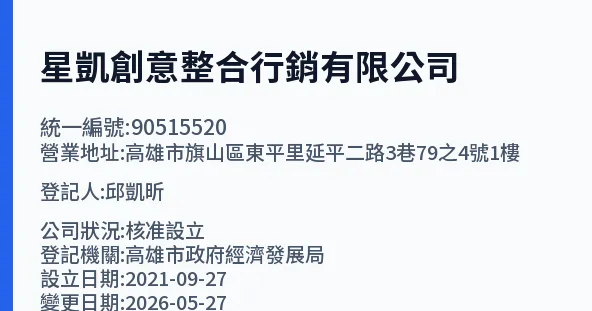 星凱創意整合行銷有限公司的照片-統編 90515520(高雄市) 公司登記資料與營業項目詳細圖表