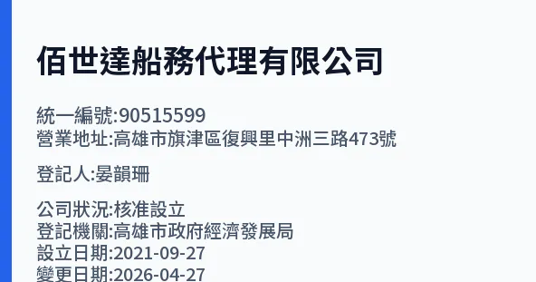 佰世達船務代理有限公司的照片-統編 90515599(高雄市) 公司登記資料與營業項目詳細圖表