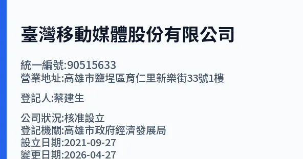 臺灣移動媒體股份有限公司的照片-統編 90515633(高雄市) 公司登記資料與營業項目詳細圖表