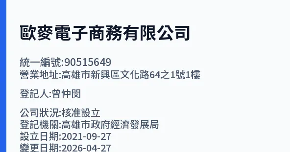 歐麥電子商務有限公司的照片-統編 90515649(高雄市) 公司登記資料與營業項目詳細圖表