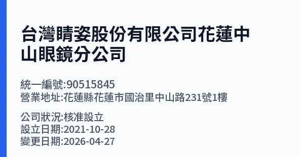 台灣睛姿股份有限公司花蓮中山眼鏡分公司的照片-統編 90515845(花蓮縣) 公司登記資料與營業項目詳細圖表