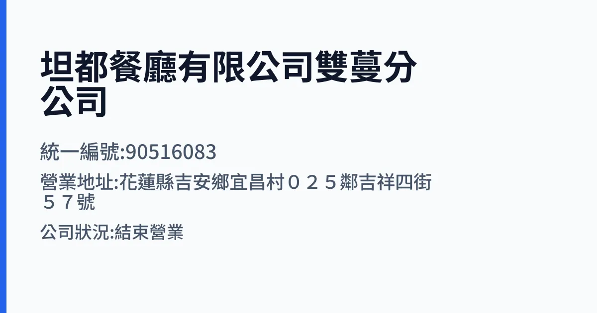坦都餐廳有限公司雙蔓分公司 - 統編 90516083(花蓮縣) 公司登記資料與營業項目詳細圖表