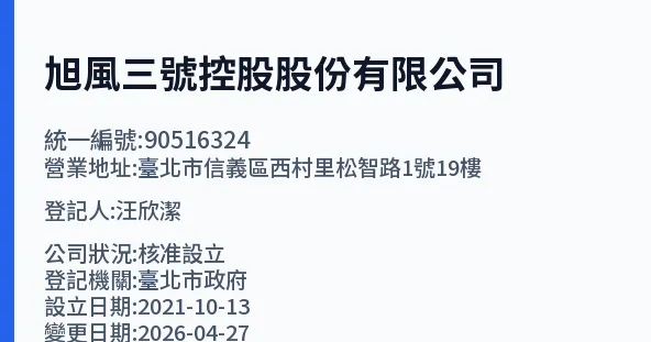 旭風三號控股股份有限公司的照片-統編 90516324(臺北市) 公司登記資料與營業項目詳細圖表